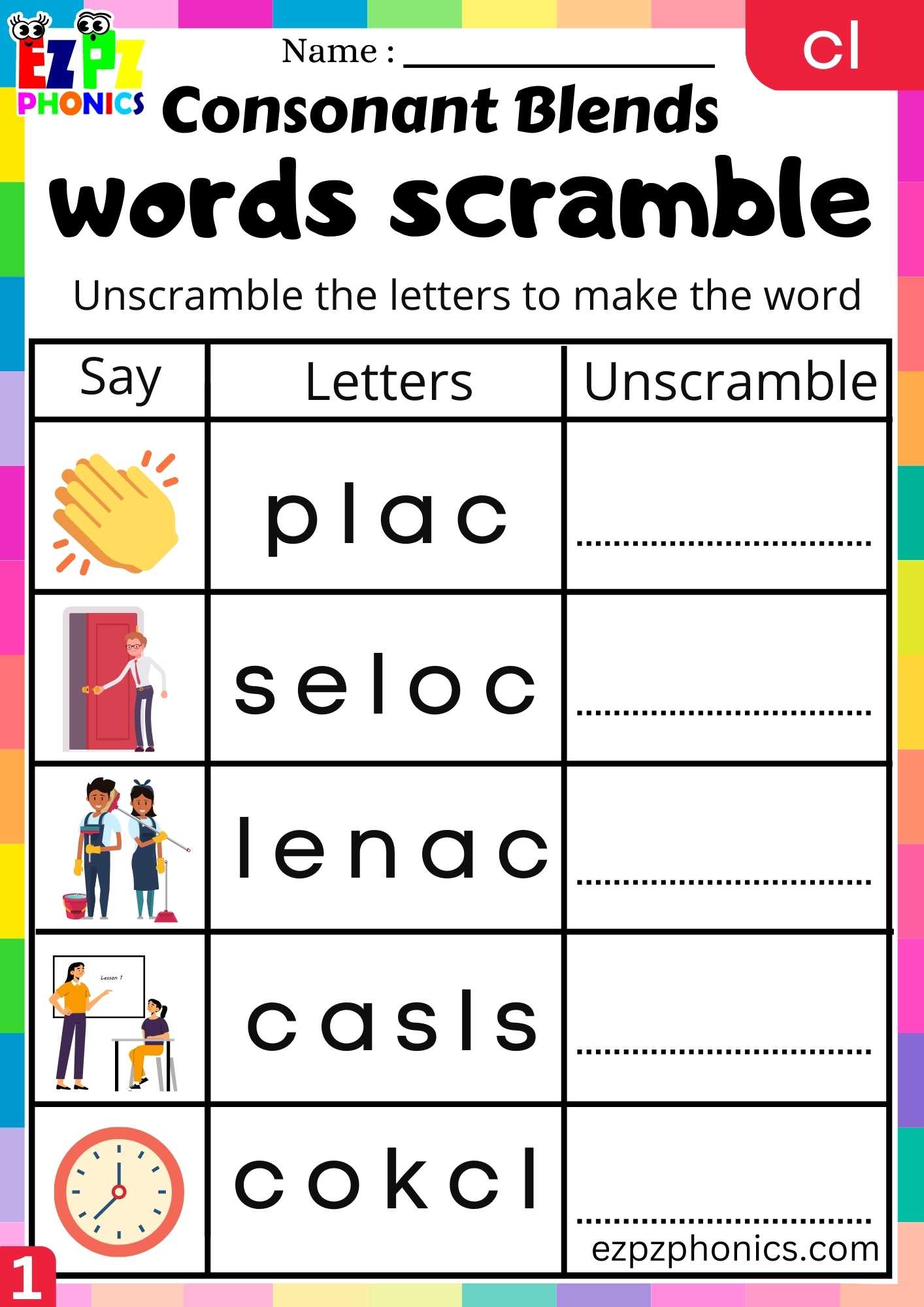 Group1 CL Words Words Scramble Phonics Consonant Blends Worksheet - ezpzphonics.com